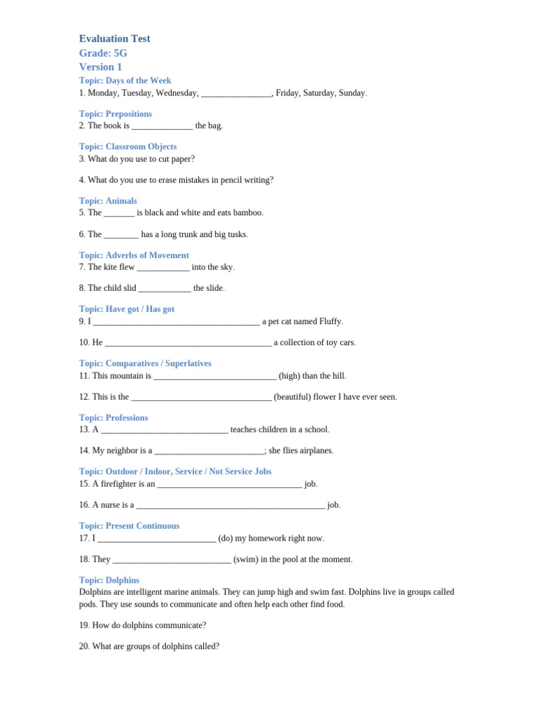 Grade 5 Evaluation Test: Language Skills | PDF | Dolphin