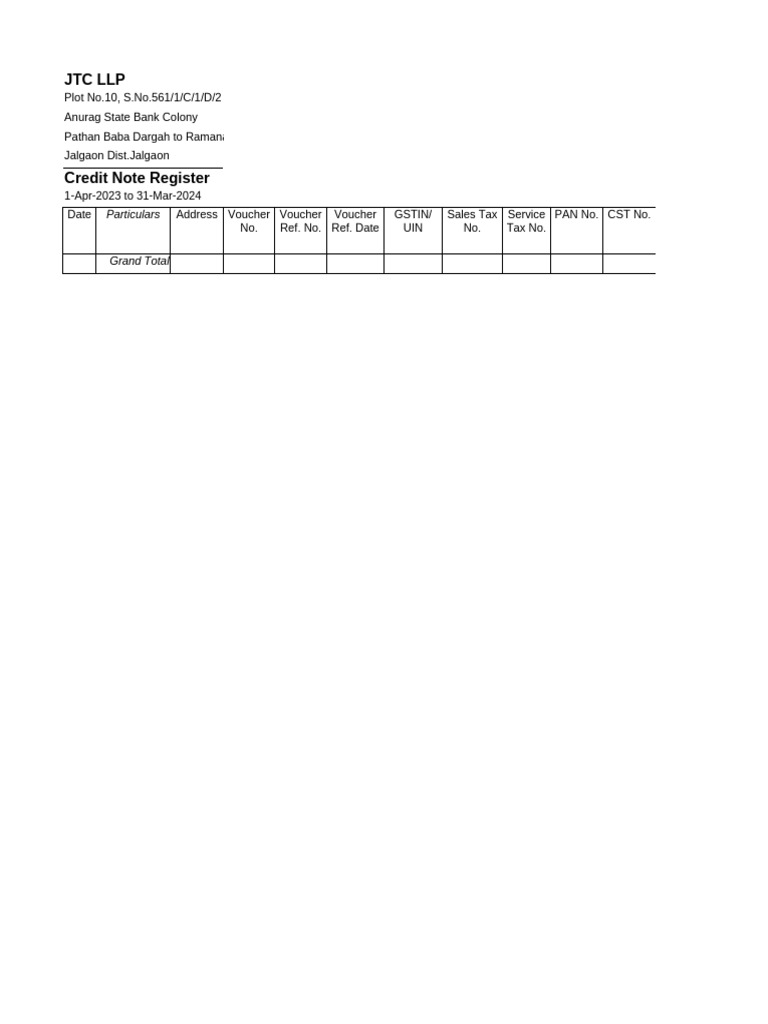 JTC LLP Credit Note Register 2023-2024 | PDF