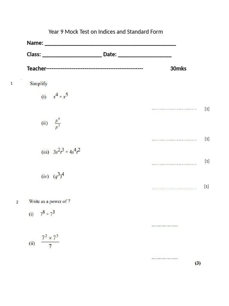 Year 9 Indices & Standard Form Test | PDF