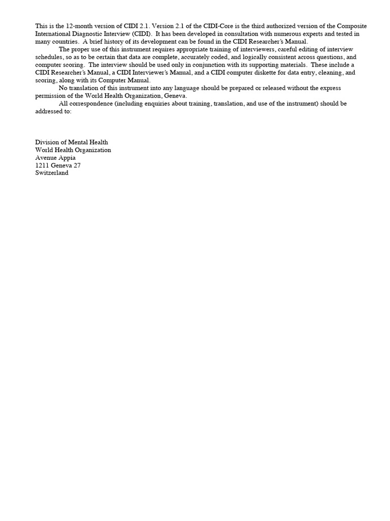 CIDI Composite International Diag Interview | PDF | Menstruation ...