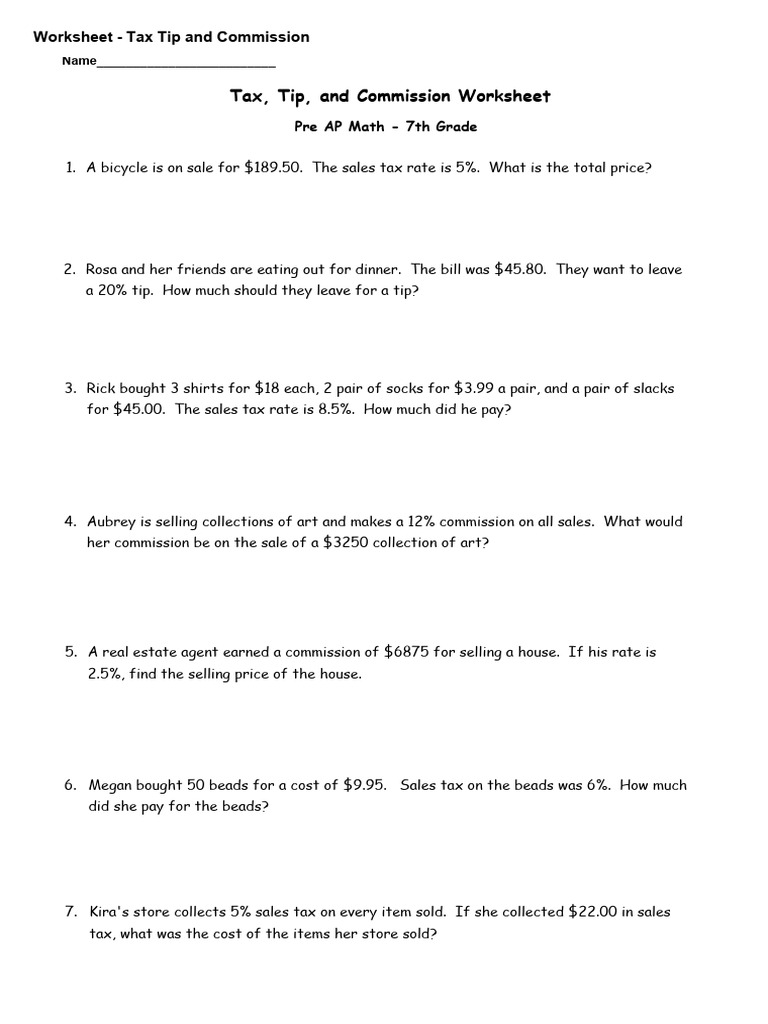 7th Grade Math: Tax & Commission | PDF | Taxes | Sales