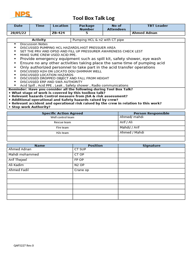 Tool Box Talk Log NIGHT SHIFTacid pump 15% | PDF