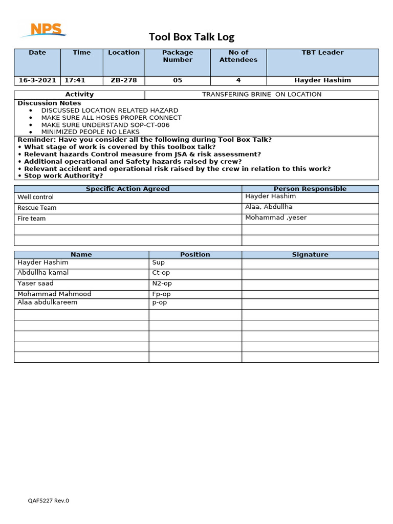 Tool Box Talk Log TRANSFER ACIDDAY | PDF