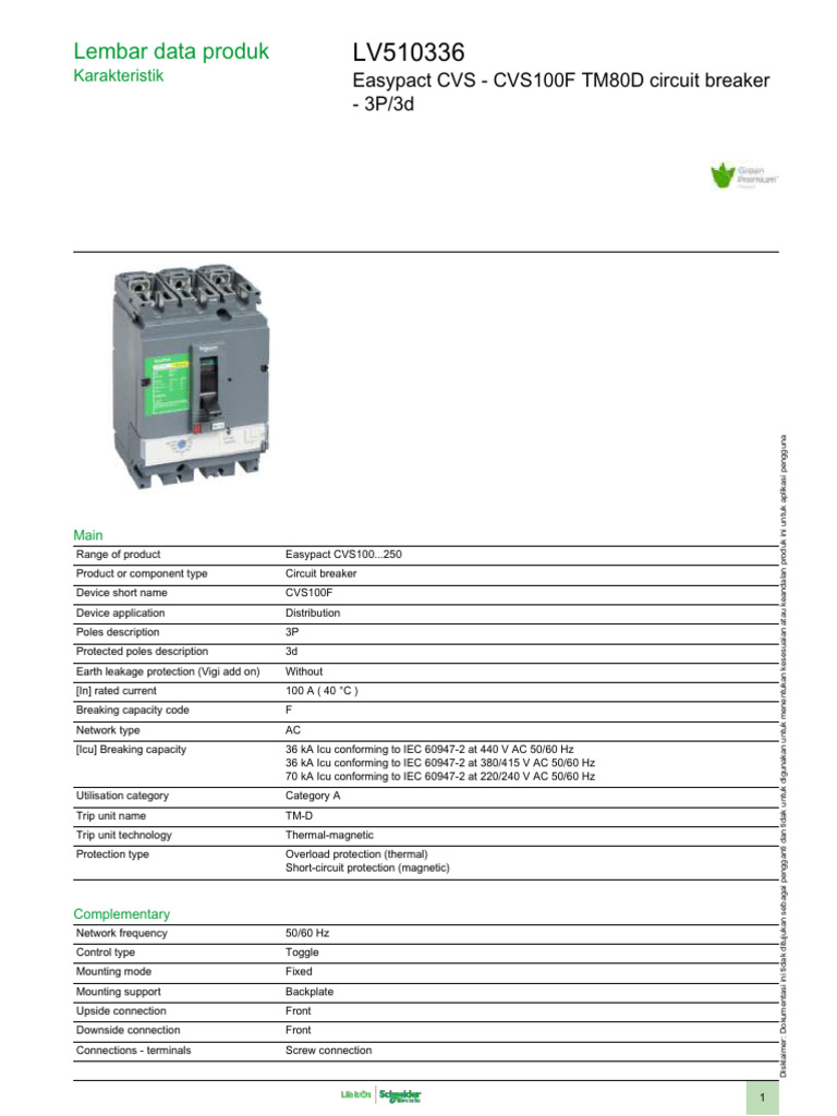 Easypact CVS100F Circuit Breaker Data | PDF | Alternating Current ...