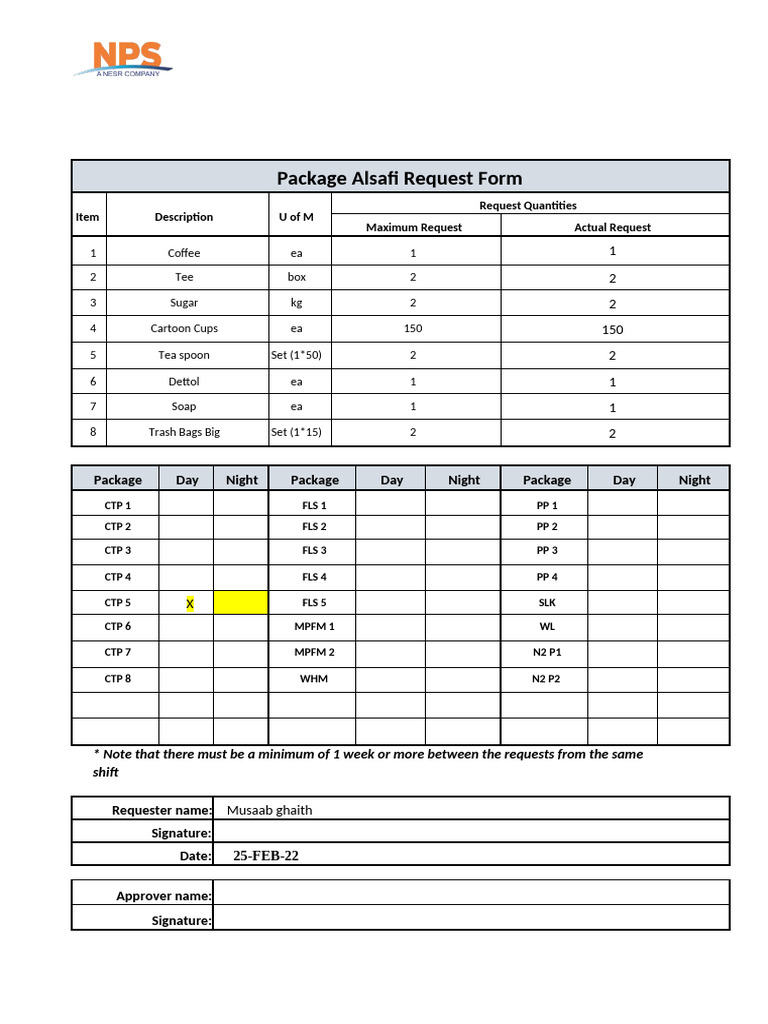 QAF0103 Rev.0 Package Alsafi Request Form CTP-5 Night Shift | PDF