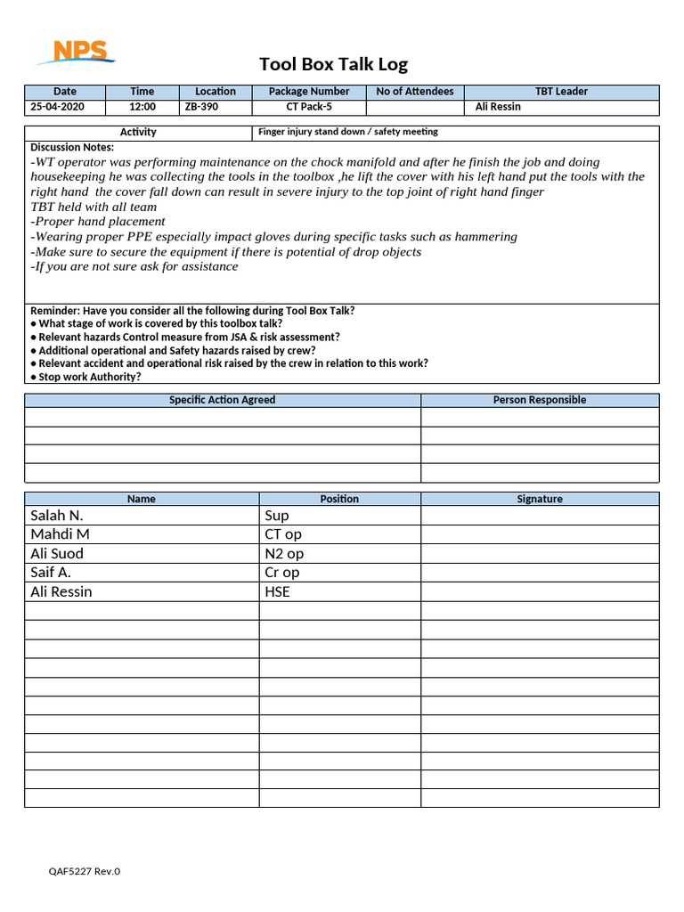 QAF5227 Rev.0 Tool Box Talk Log - Circulating Acid | PDF