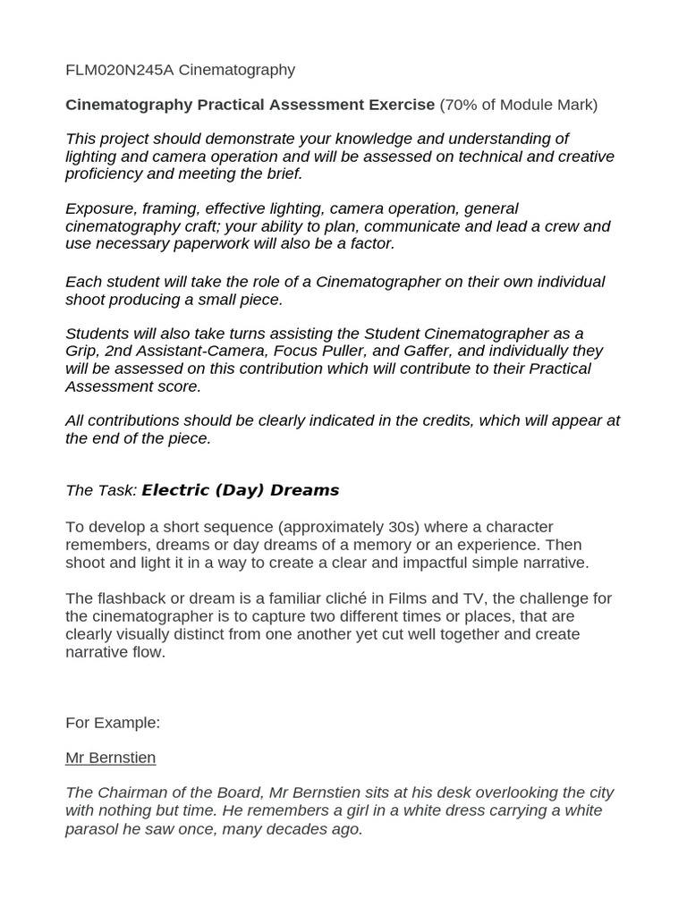 Cinematography Practical Assessment Guide | PDF | Cinematography