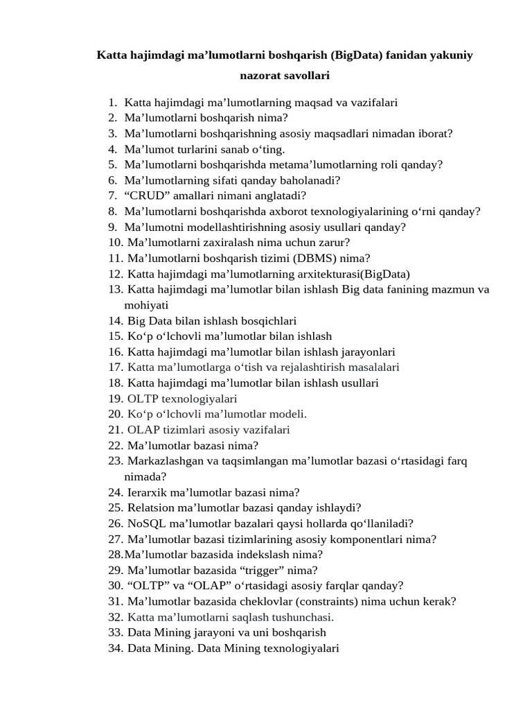 BigData Yakuniy Nazorat Savollari | PDF