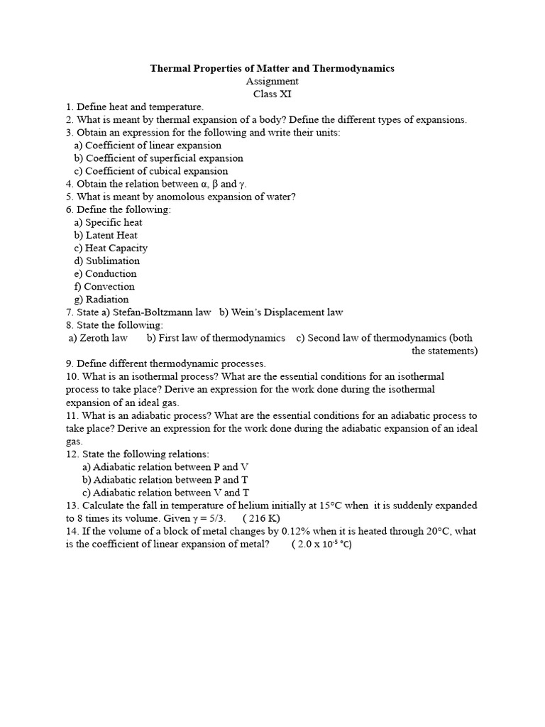 Thermal Properties of Matter and Thermodynamics Assignment | PDF