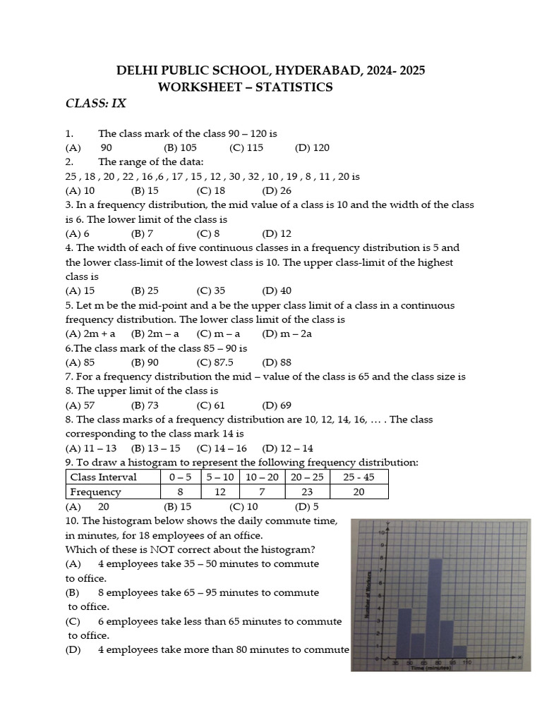 Statistics Worksheet for Class IX | PDF | Histogram