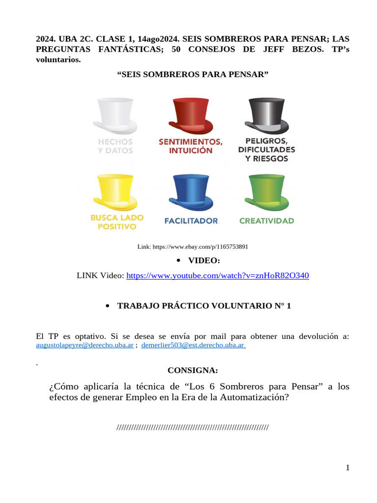 UBA 2C. CLASE 1, 14ago2024. SEIS SOMBREROS PARA PENSAR LAS PREGUNTAS ...