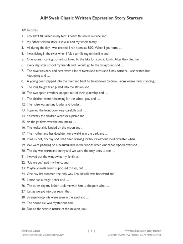 AIMSweb Classic - Written Expression - Story Starters - Grades 1-8 | PDF