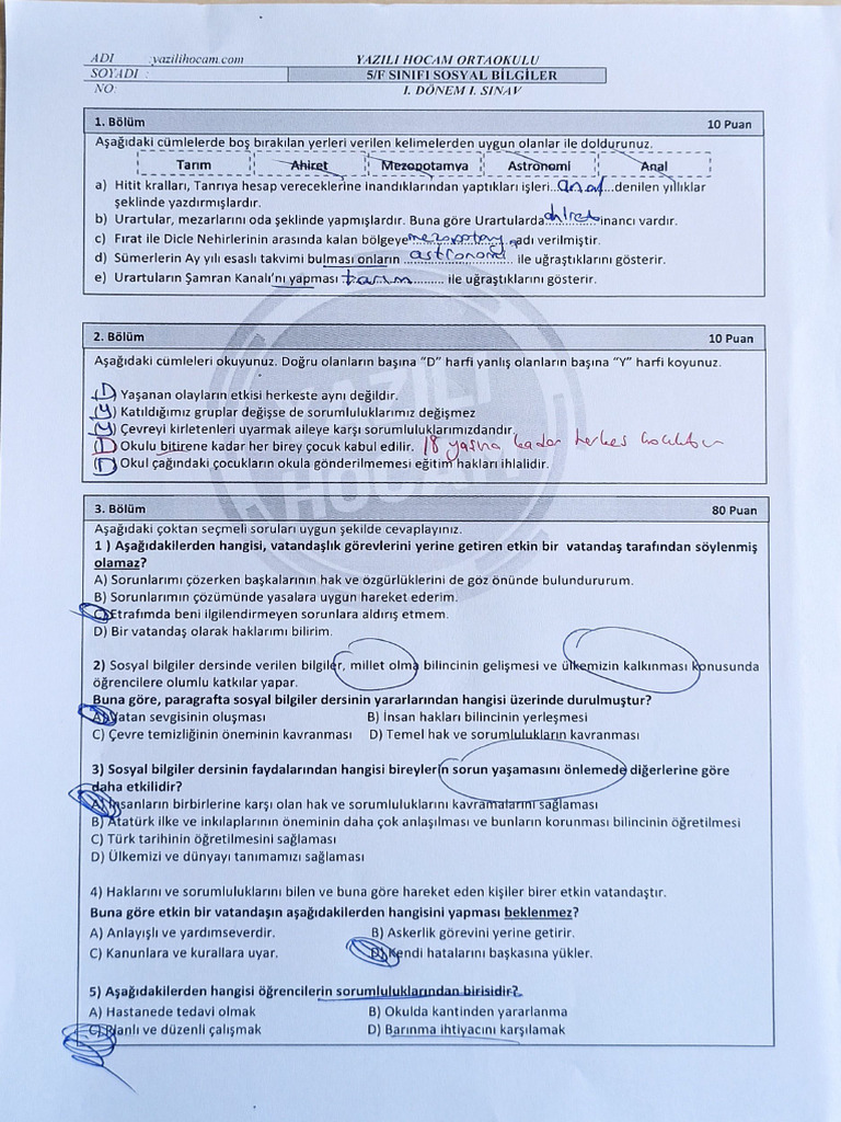 Cevaplar - 5.sinif Sosyal 1.dönem 1.yazili Sorulari-4 | PDF