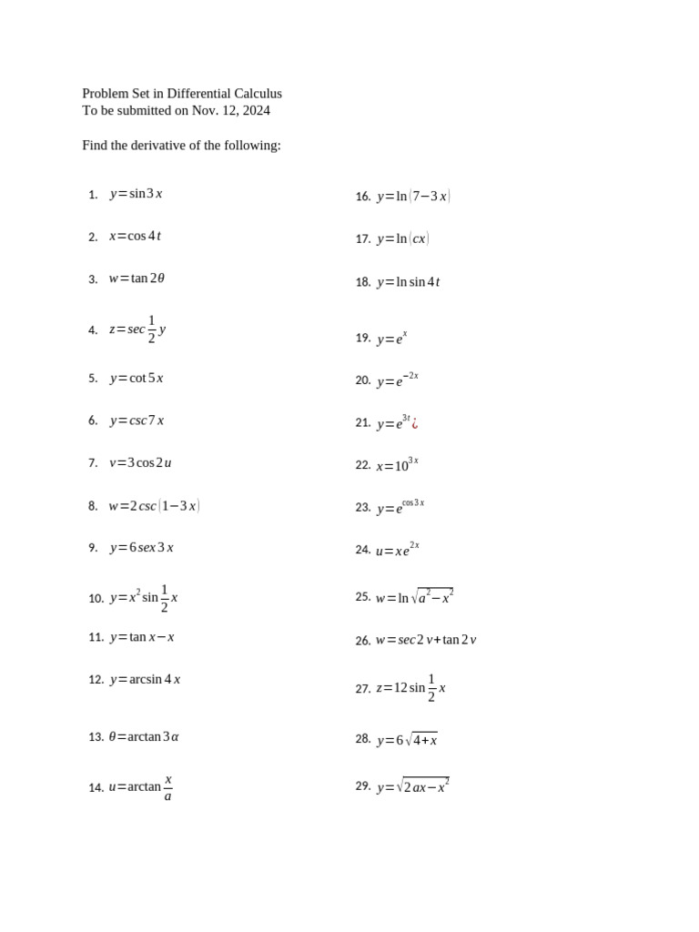 Differential Calculus Derivative Problems | PDF