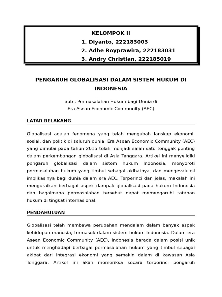 Pengaruh Globalisasi Dalam Sistem Hukum Di Indonesia Cq. Permasalahan Hukum Bagi Dunia Di Era ...