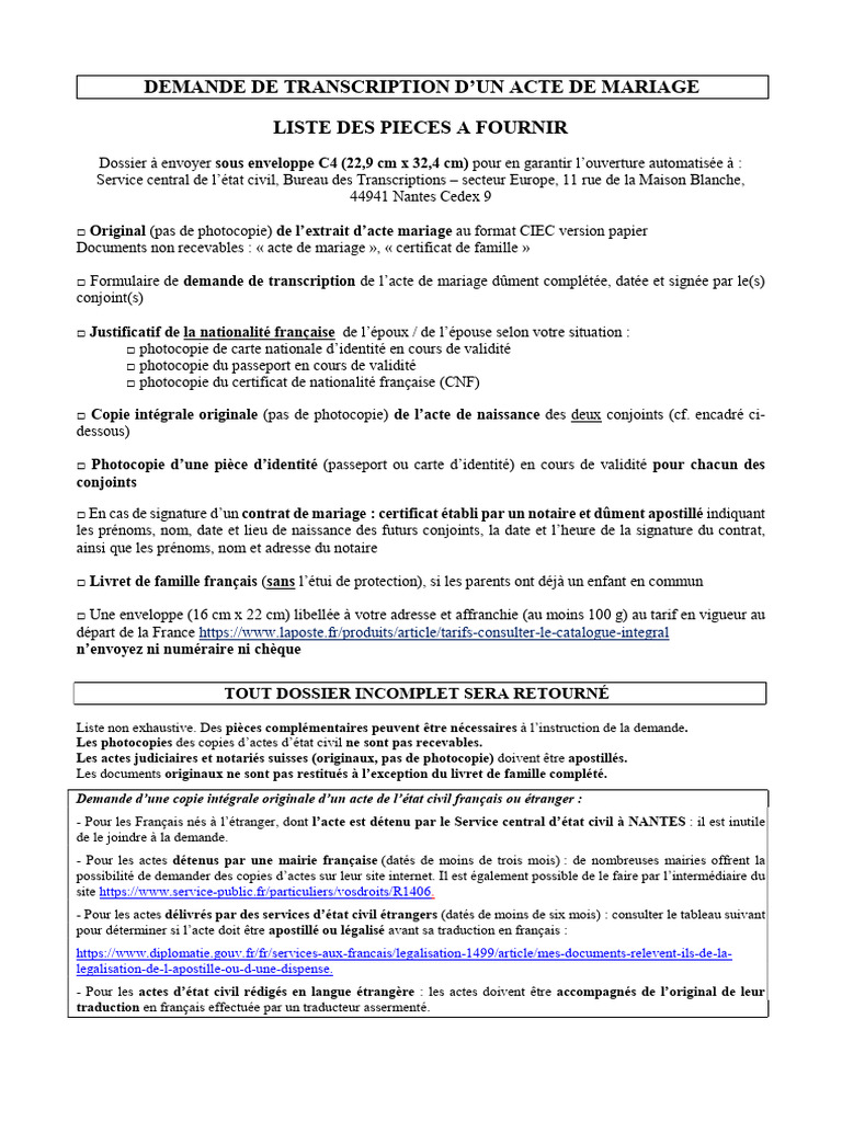 Demande de transcription mariage France | PDF | Mariage | Certificat de naissance