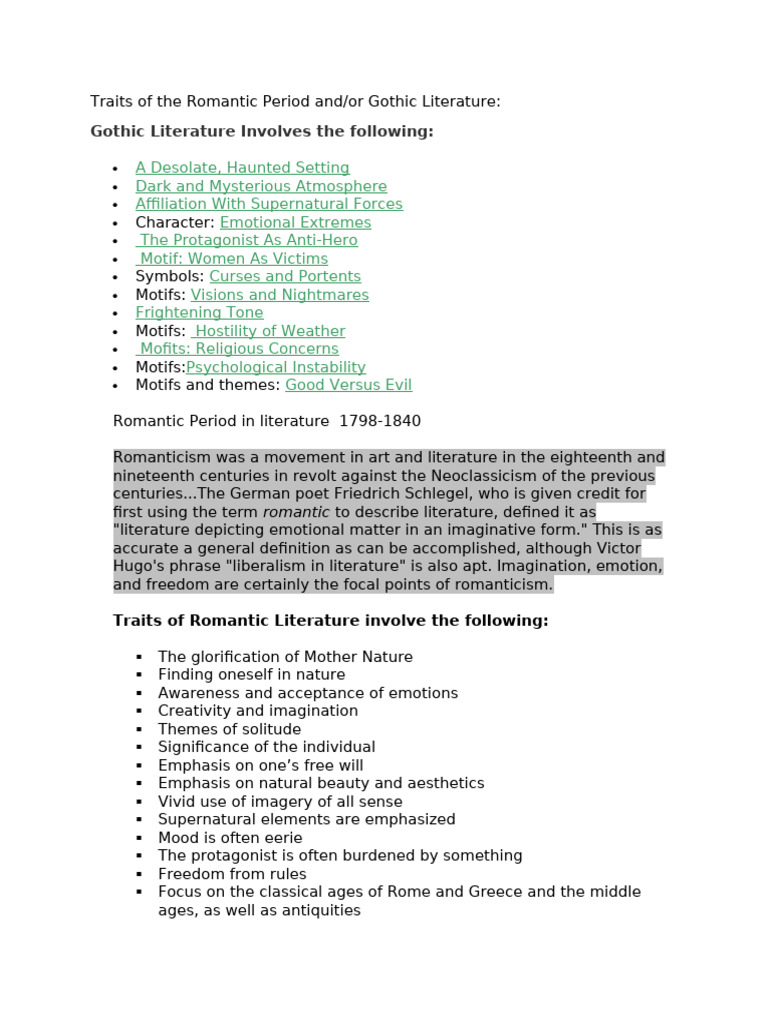 Romantic and Gothic Traits | PDF