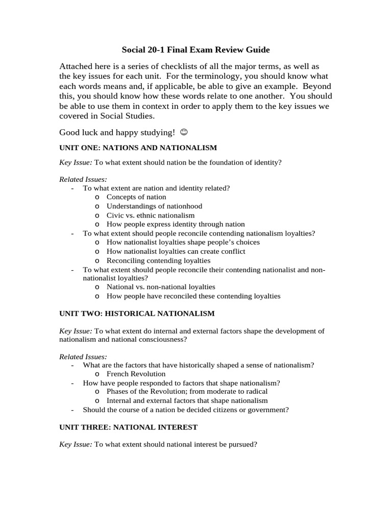 Social 20-1 Final Exam Review Guide | PDF | Nationalism | Nation