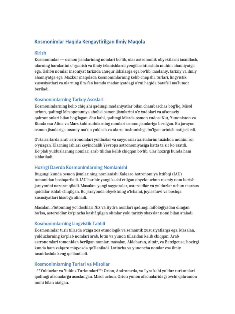 Kosmonimlar Kengaytirilgan Ilmiy Maqola | PDF