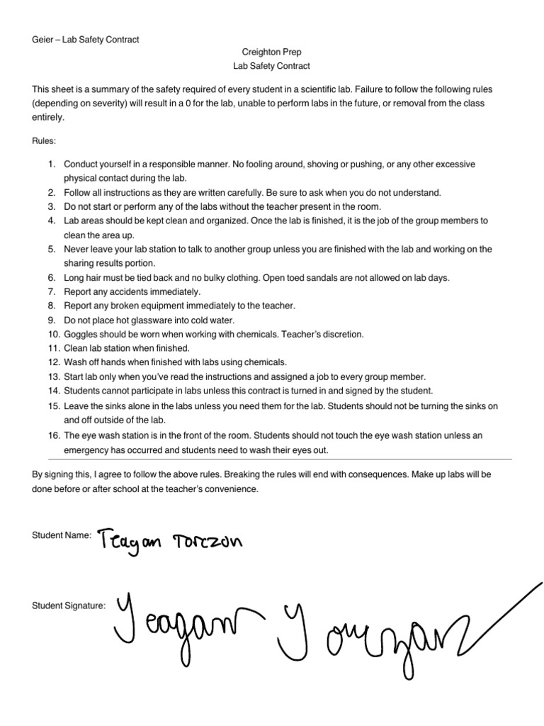 Lab Safety Contract - Creighton Prep | PDF