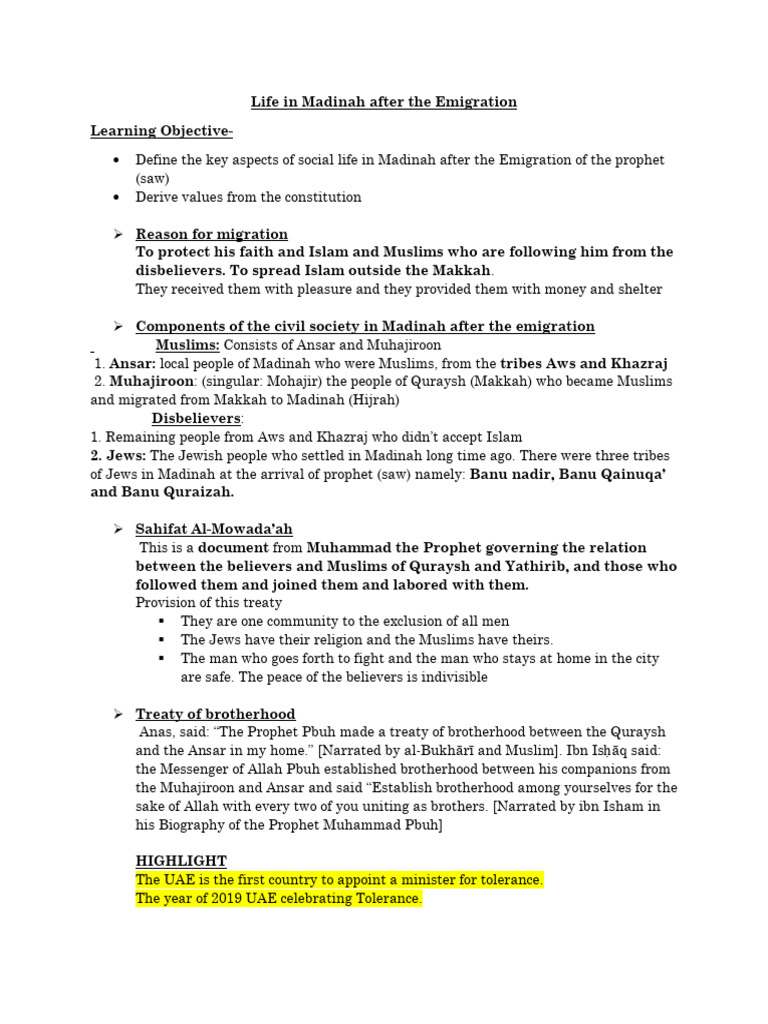 Life in Madinah After The Emigration - Notes-GR6 | PDF | Medina | Muhammad