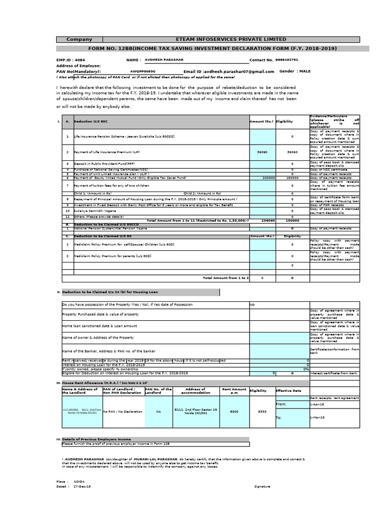 Income Tax Saving Investment Declaration Form FY 18-19 | PDF | Life Insurance | Receipt