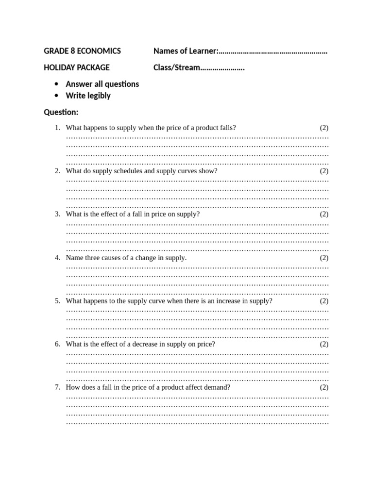 Grade 8 Economics Holiday Package | PDF | Political Economy | Business ...