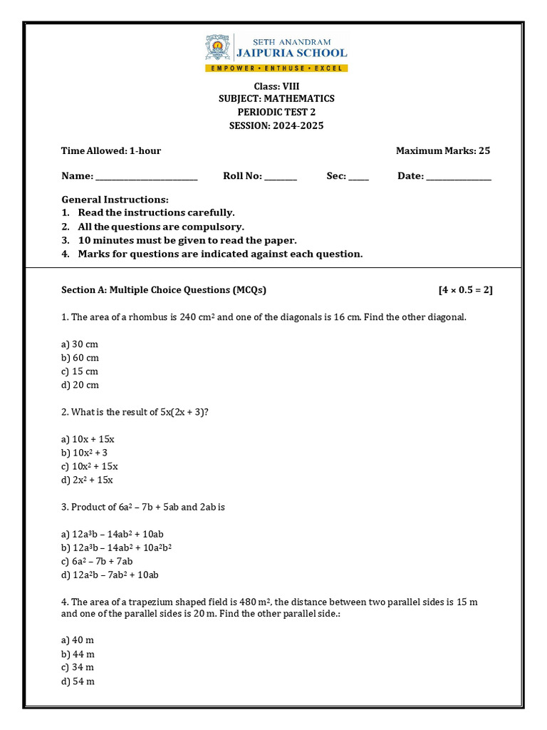 G8_Maths_QP_PT2_2024-25 | PDF | Area | Algebra