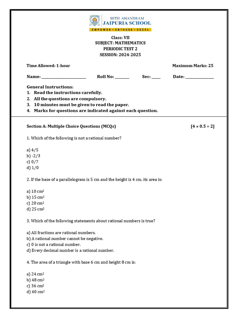 G7_Maths_QP_PT2_2024-25 | PDF | Area | Numbers