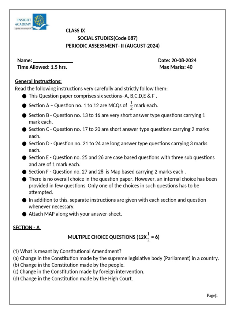 Class Ix SST Paper August Pa II | PDF | Russia | World Politics