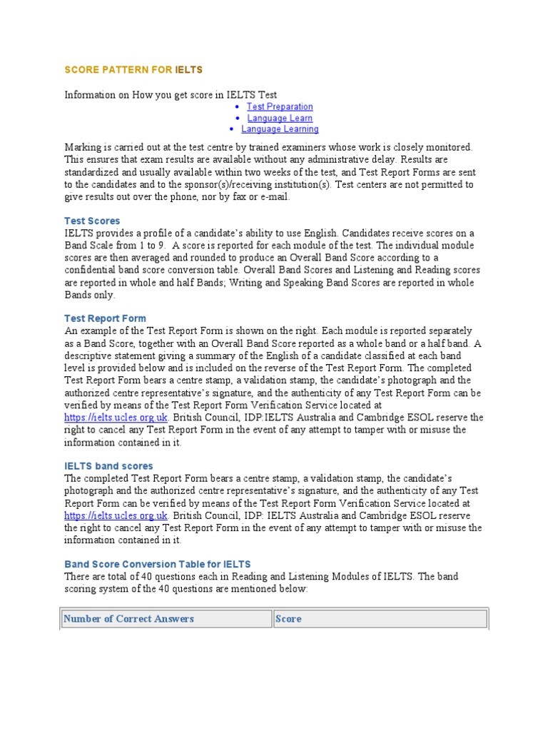 Score Pattern For Ielts | PDF | International English Language Testing ...