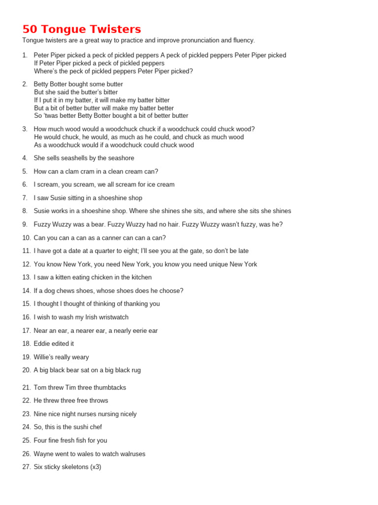 50 Fun English Tongue Twisters | PDF