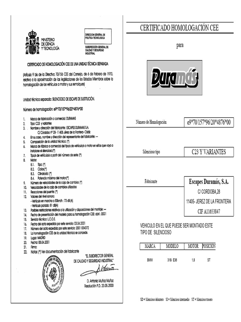 Certificado Homologación Cee: Escapes Duramás, S.A | PDF