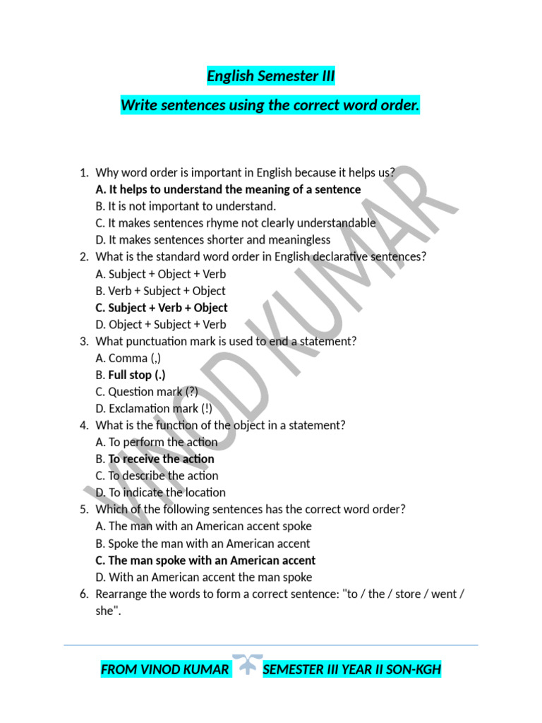 English Word Order and Sentence Structure | PDF | Subject (Grammar) | Verb