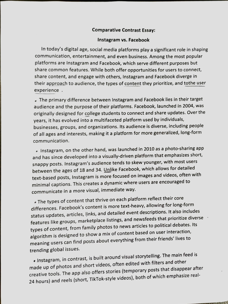 Comparative Contrast Essay (Facebook Vs Instagram) | PDF | Facebook ...