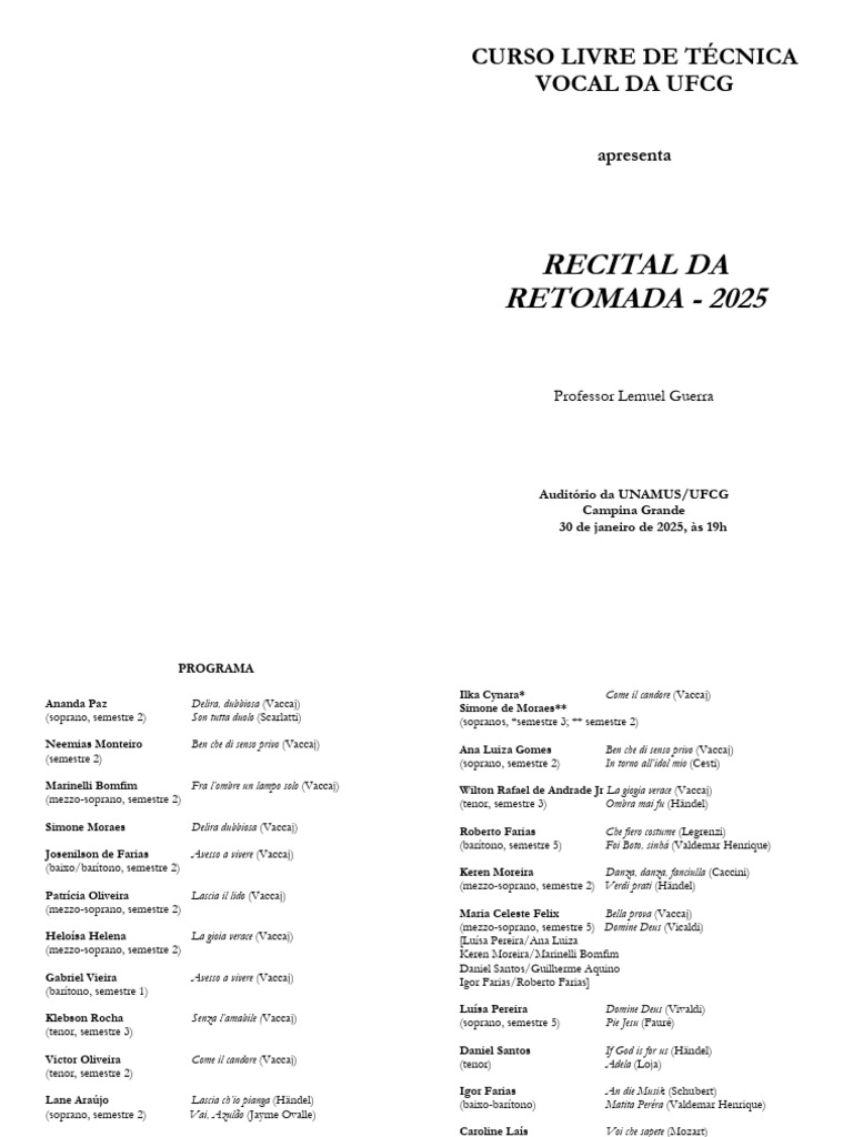 Programa Do Recital de Alunos Da Técnica Vocal A Retomada 2025 | PDF | Música clássica | Pitch ...