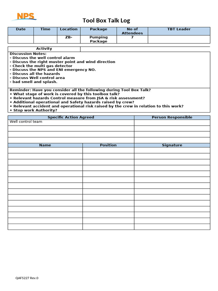 Tool Box Talk Log | PDF