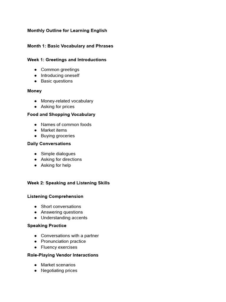 Monthly Outline For Learning English | PDF
