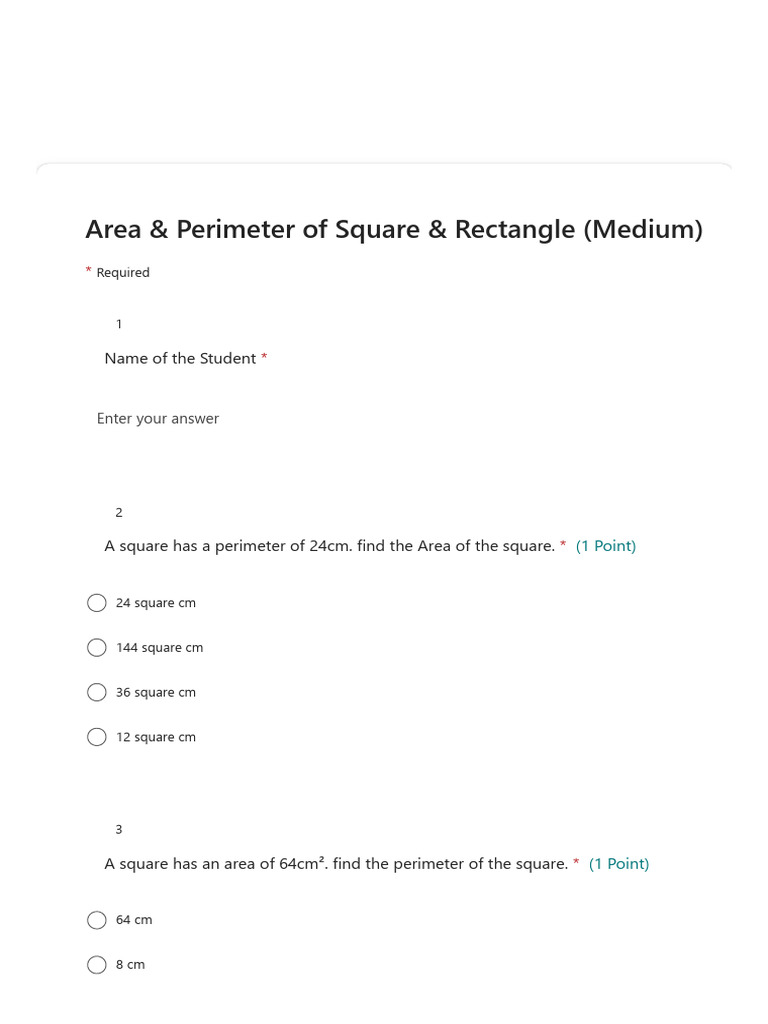 Area & Perimeter of Square & Rectangle (Medium) (Preview) | PDF