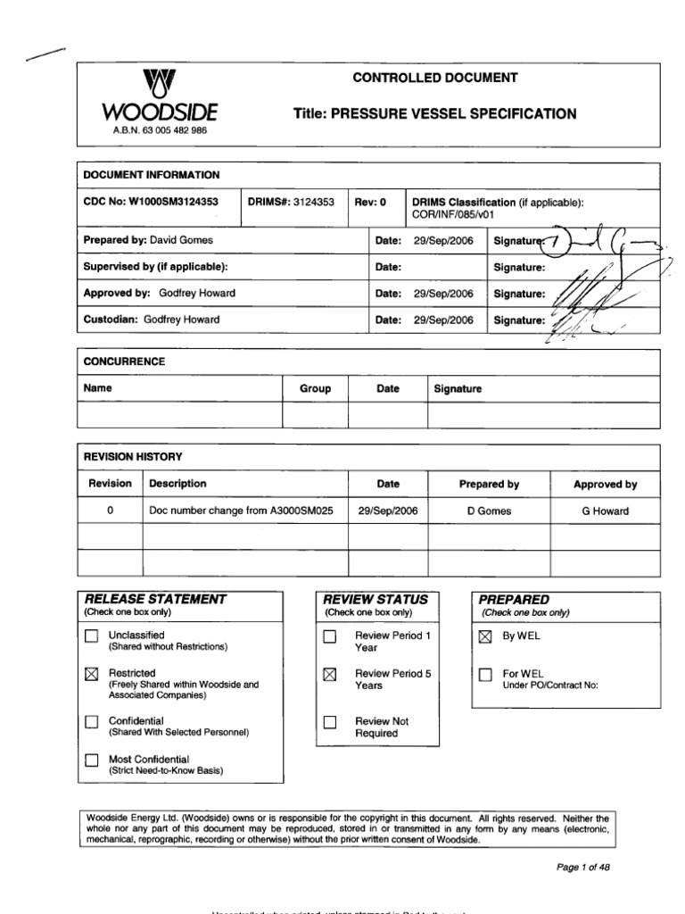 Pressure Vessel Specification - Woodside | Nondestructive Testing | Screw