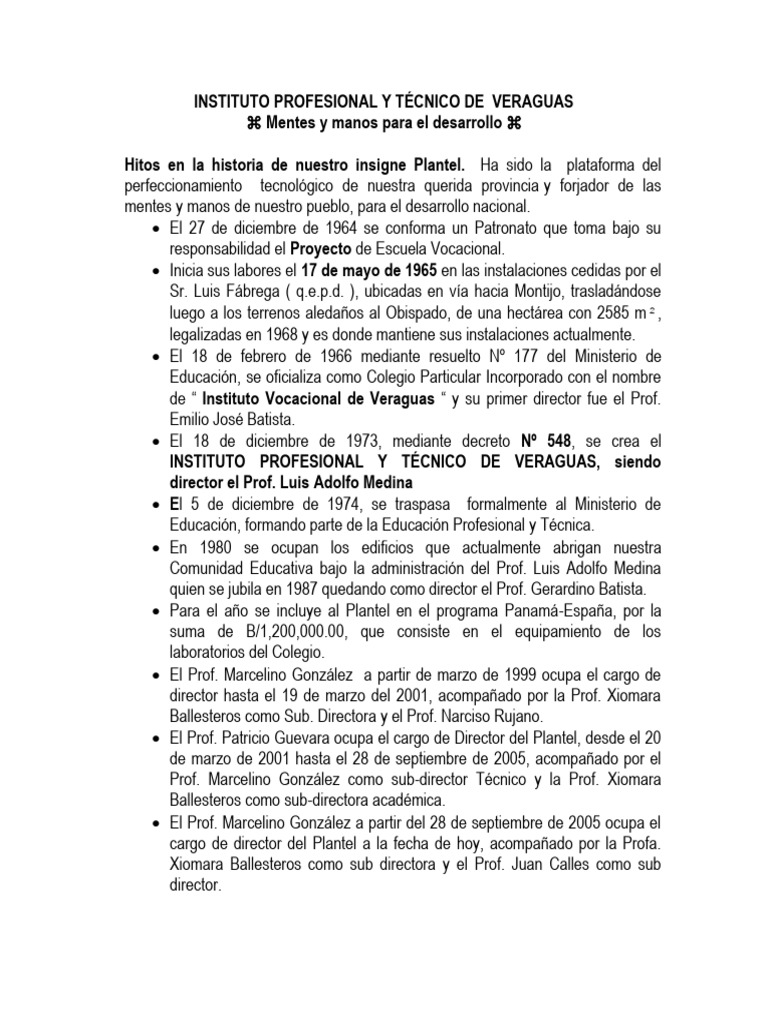Resena Historica IPT. Veraguas | PDF | Plan de estudios | Laboratorios