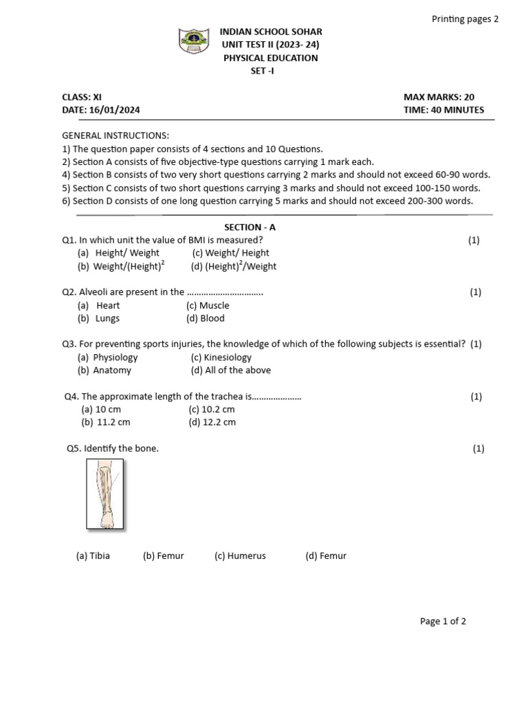 Class Xi Ut Ii Physical Education (Set 1) 2023-24 | PDF | Heart | Artery