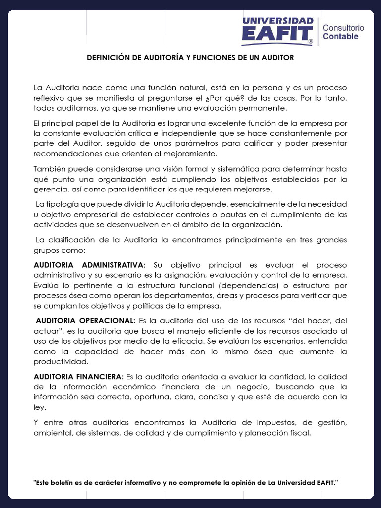 Definición de auditoría y funciones de un auditor, Universidad EAFIT | PDF | Auditoría | Contralor