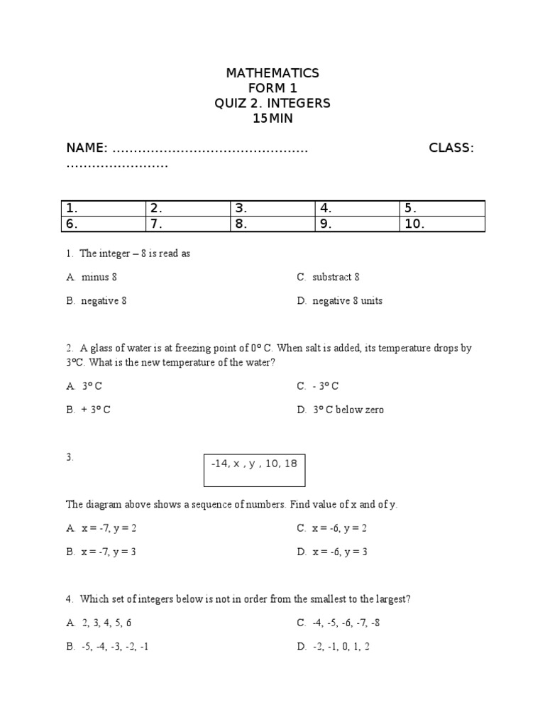 Mathematics Form 1 Quiz 2. Integers 15MIN NAME: . Class | PDF