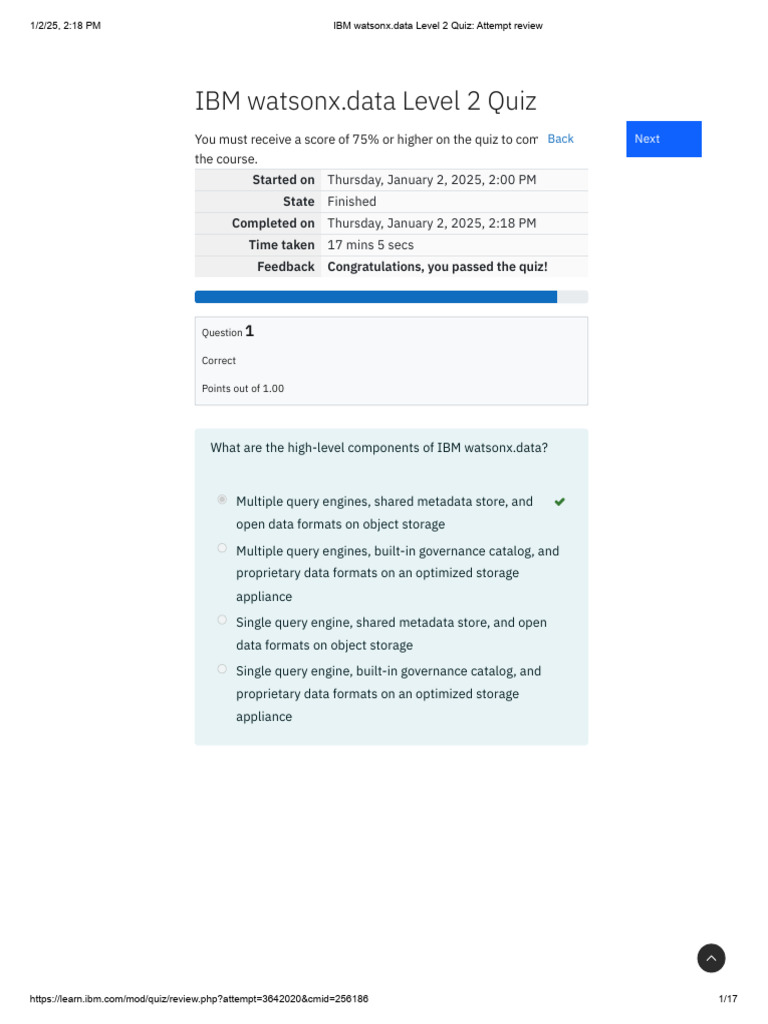IBM watsonx.data Level 2 Quiz Results | PDF | Cloud Computing | Apache ...