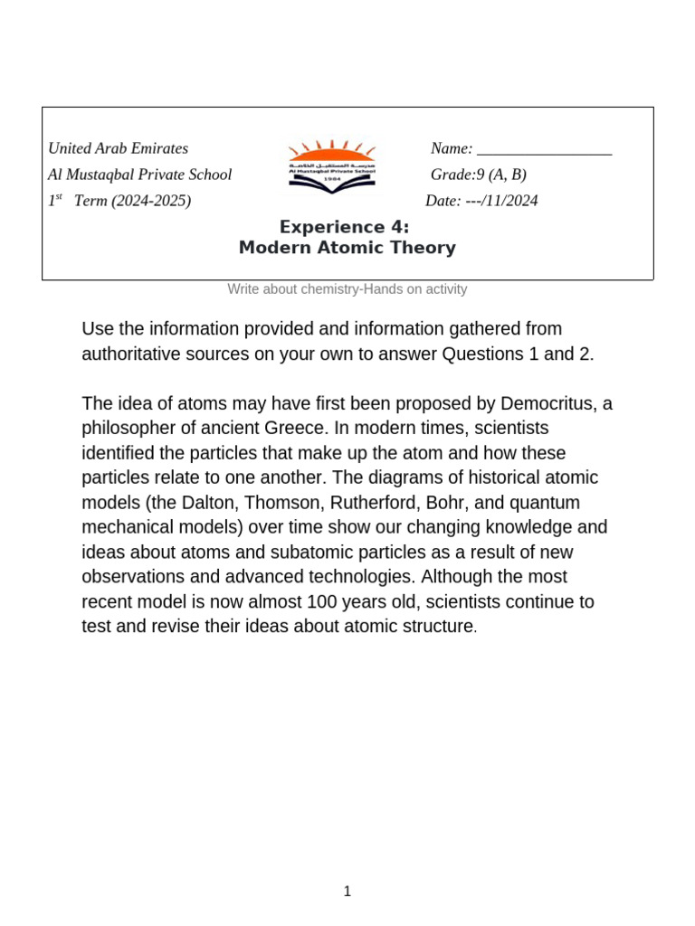 Chem Lesson 4 Hands On Activities | PDF