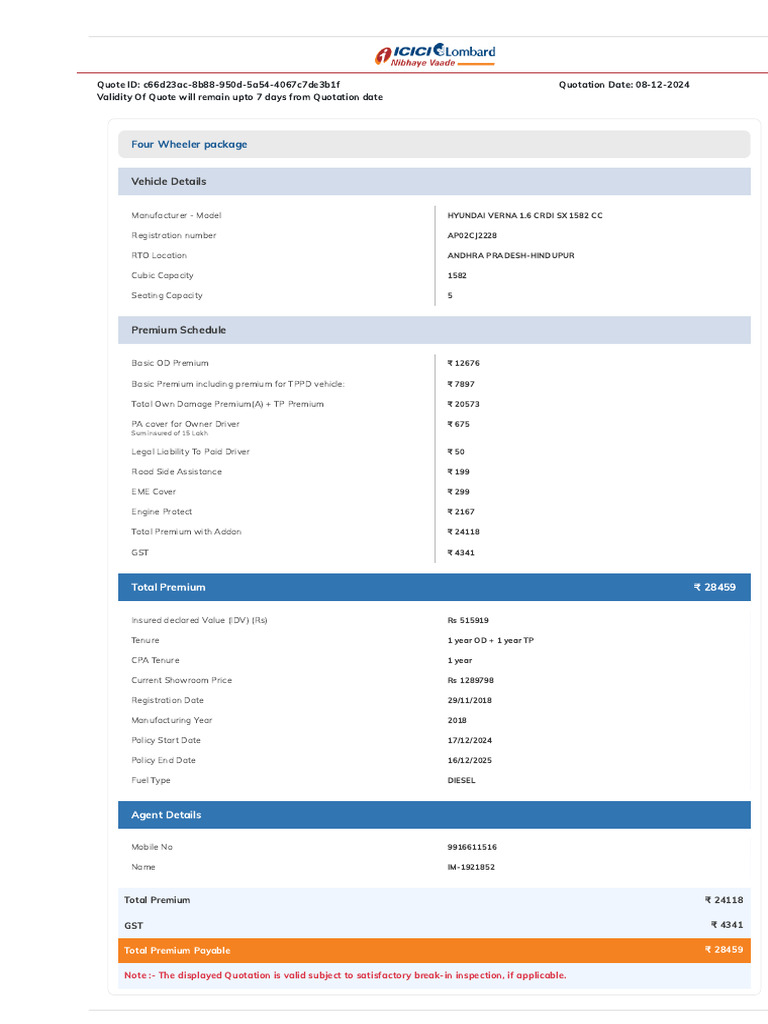 AP02CJ2228_ICICI_Quotation | PDF | Land Vehicles | Transport