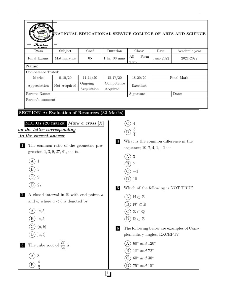 Form 1 maths test | PDF | Mathematics
