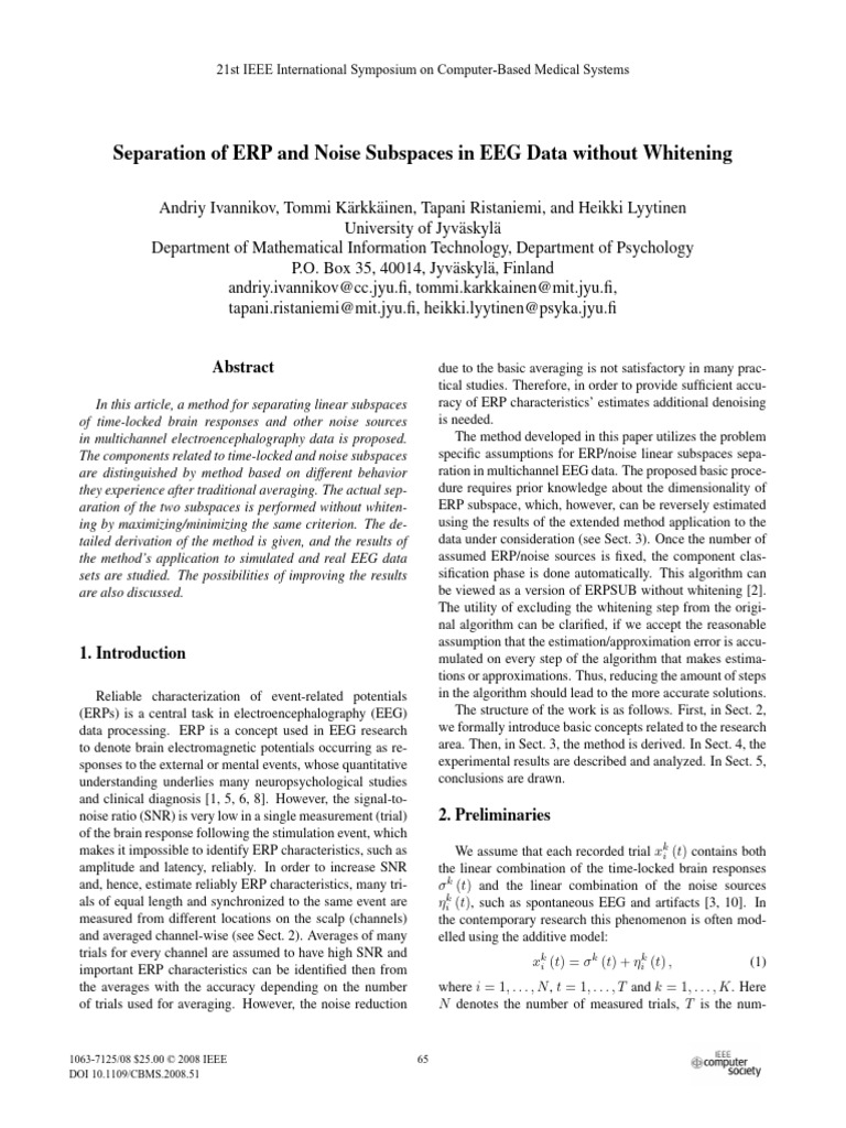 Separation of ERP and Noise Subspaces in EEG Data Without Whitening | PDF | Event Related ...