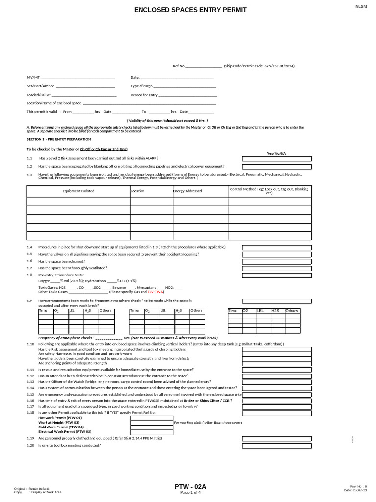 Enclosed Space Entry Permit Checklist | PDF